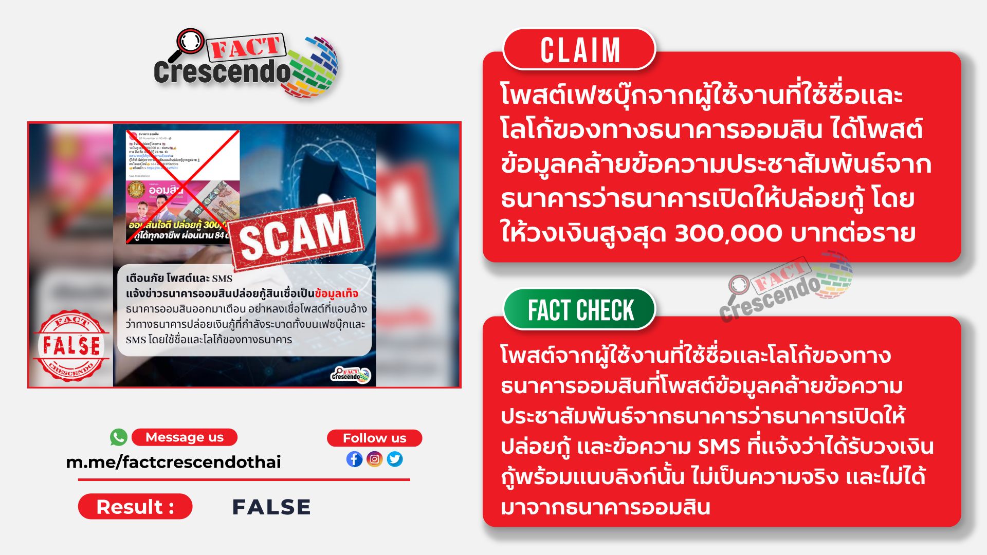 เตือนภัย โพสต์/ SMS แจ้งข่าวธนาคารออมสินปล่อยกู้สินเชื่อ เป็นข้อมูลเท็จ - Fact Crescendo | The ...